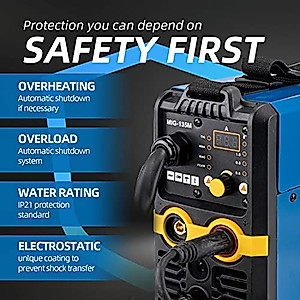 LASTON MIG-135M 110V MIG Welder 3 in 1, 130Amp Flux Core Welder Flux MIG/MMA Welder/Lift TIG,ARC Stick Welder IGBT Digital Display LCD Welding Machine with Electrode Holder, Work Clamp