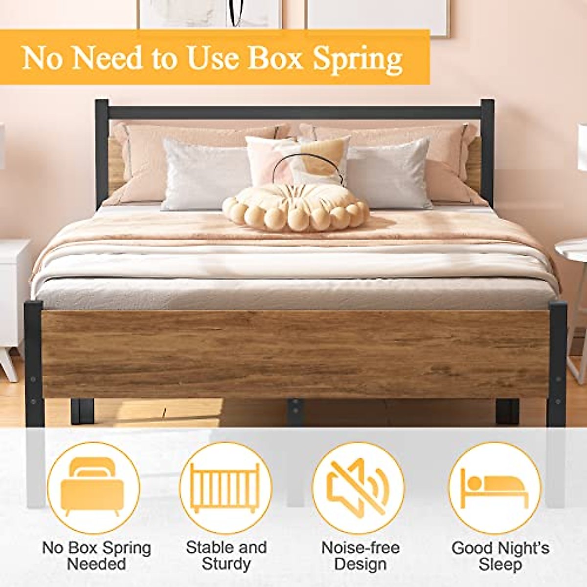 Musen Wood Bed Frames Full Size with Headboard 12.4 Inch Metal Platform Bed Frame with Storage Sturdy Non-Slip Without Noise No Box Spring Needed Black & Rustic Brown