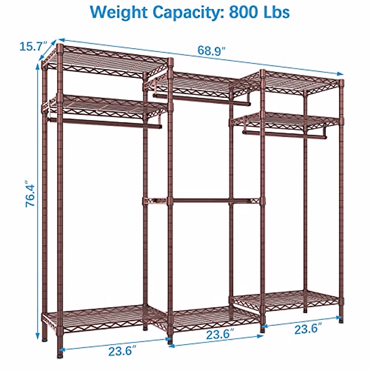 VIPEK V5i Garment Rack Heavy Duty Clothes Rack, Portable Closet Wardrobe Bedroom Armoires Freestanding Clothing Rack with 8 Adjustable Shelves & 4 Hang Rods, 68.9" L x 15.7" W x 76.4" H, Bronze