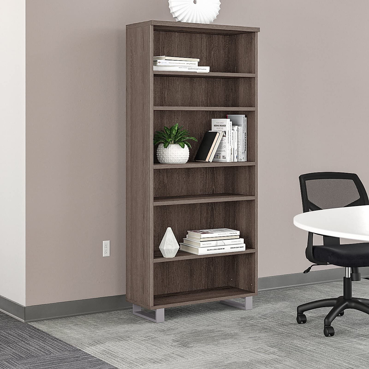 Unique Furniture Modern Zelma 5-Shelf Bookcase with Adjustable Shelves, Metal Frame Base, Freestanding for Office, Living Room, Bedroom, Library, Study Room, 13 x 32 x 72 in., Grey