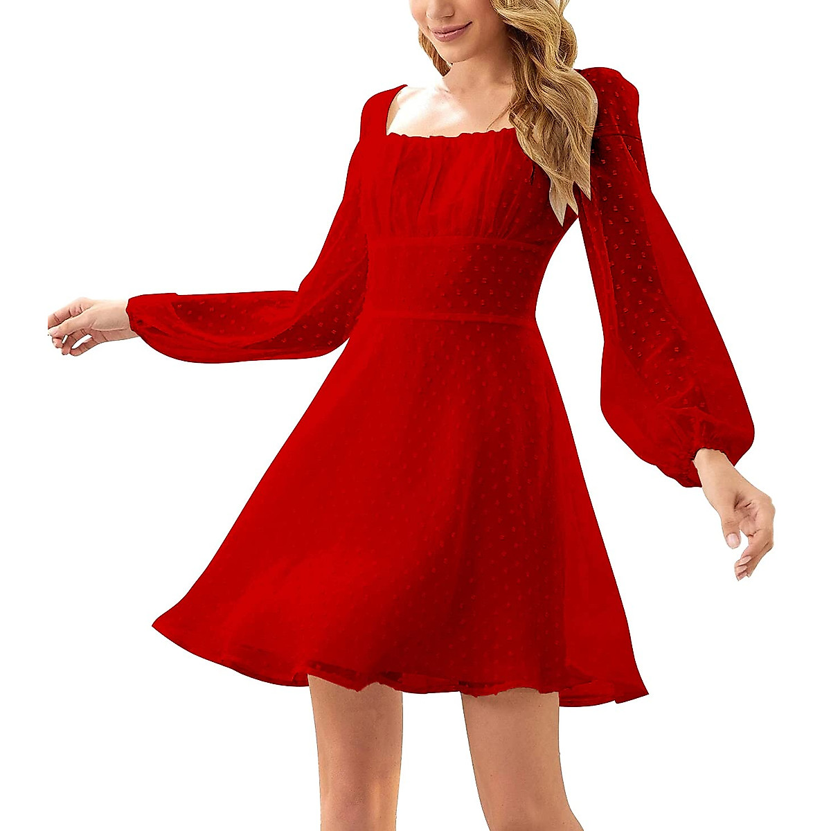 LYANER Women's Polka Dots Square Neck A line Long Sleeve Swiss Dots Mini Dress Red Small