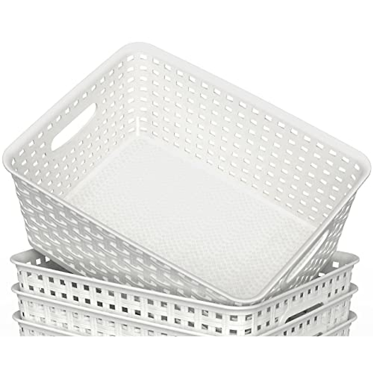 Woven Plastic Storage Basket, 6 Pack White Weave Bins Organizer, 10.1" x 7.55" x 4.1"