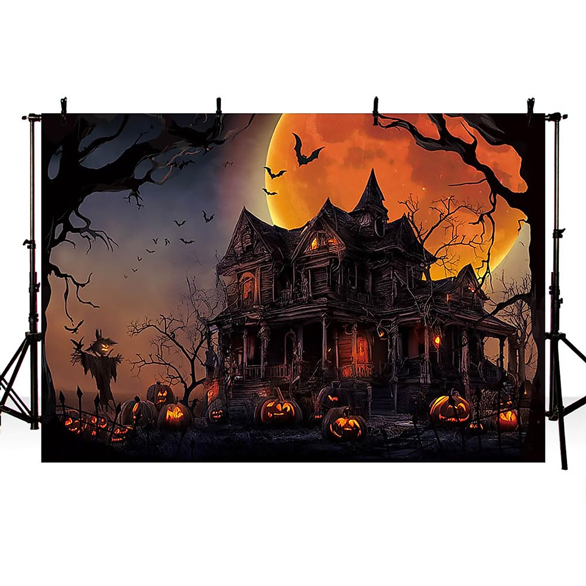 MEHOFOND 10x7ft Scary Halloween Backdrop Moon Night Full Moon Bat Scary Pumpkin Horrible Halloween Background Gloomy Woods Trees Flying Bats Scary Crows Party Decoration Banner Props