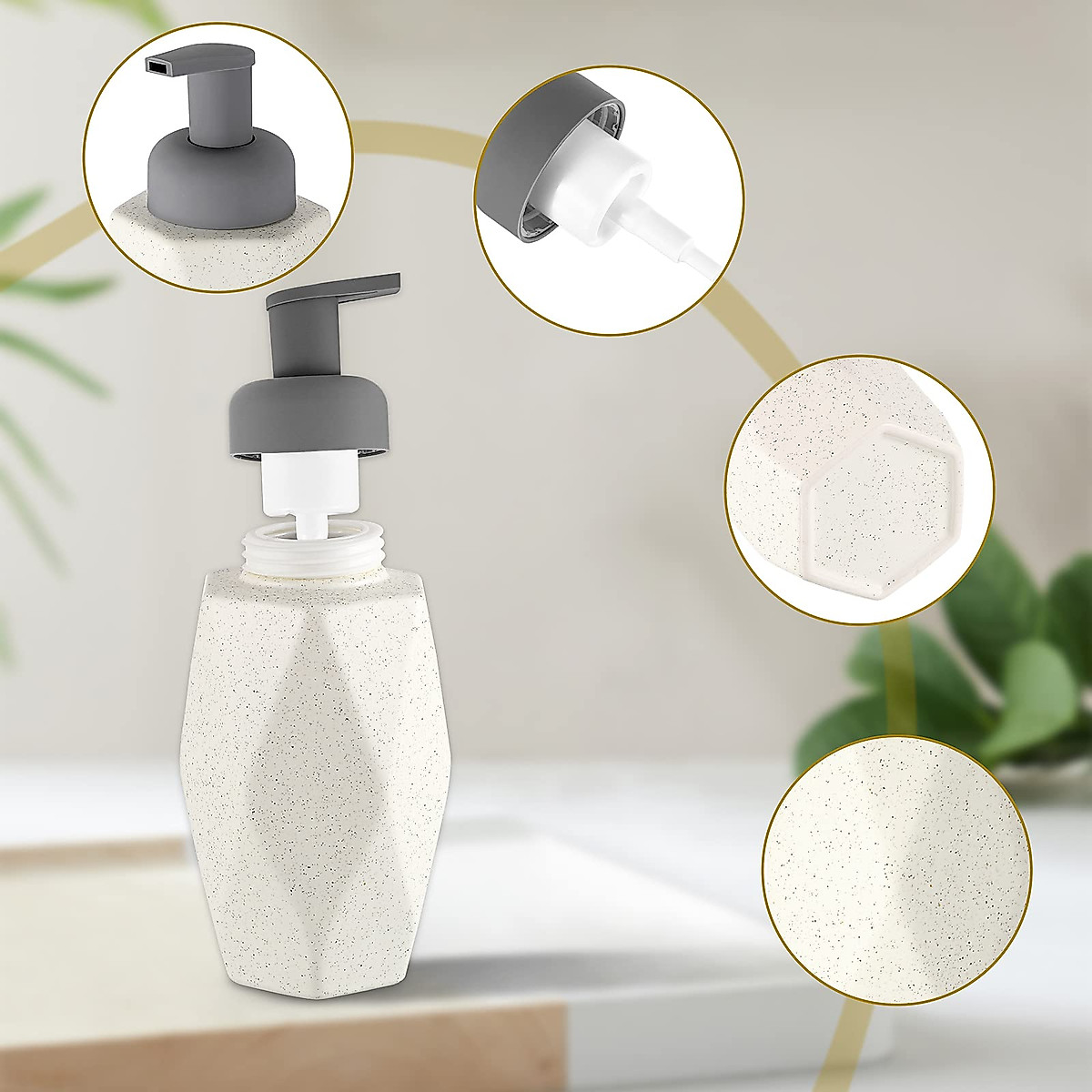 Sumnacon Ceramic Foam Hand Dispenser- Hexagon Shape Soap Dispenser Lotion Hand Pump Dispenser, Elegant Hand Soap Dispenser for Kichen Bathroom Office Countertop, Beige