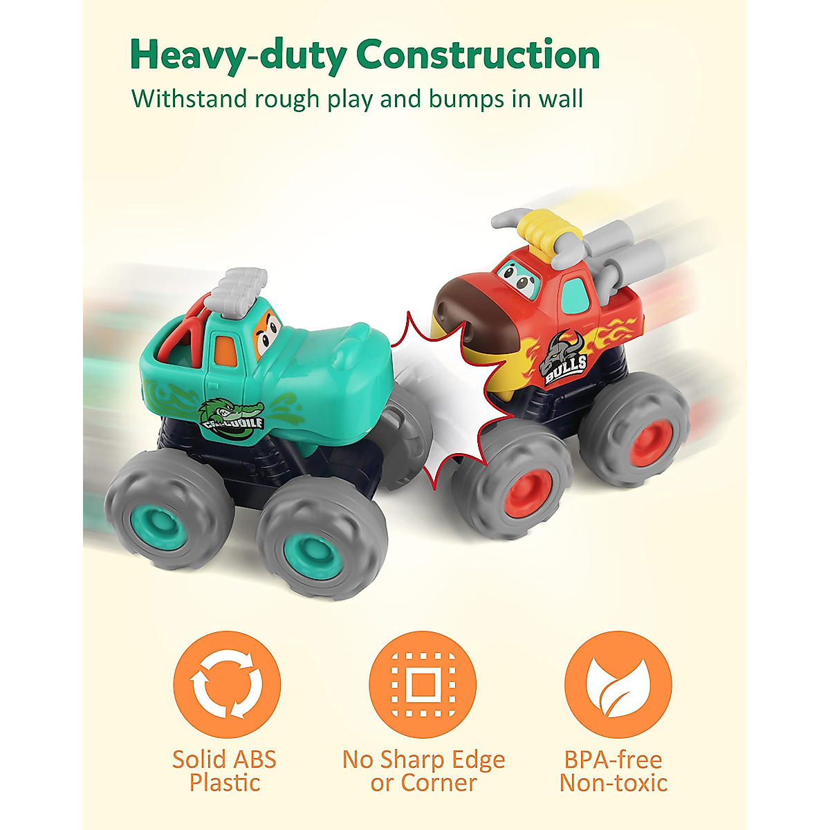 Coogam Friction Powered Cars 3PCS, Push and Go Construction Monster Vehicle Animal Trucks Toy Set, Gift for Birthday Baby Shower Xmas Year Old Toddler Girls Boys