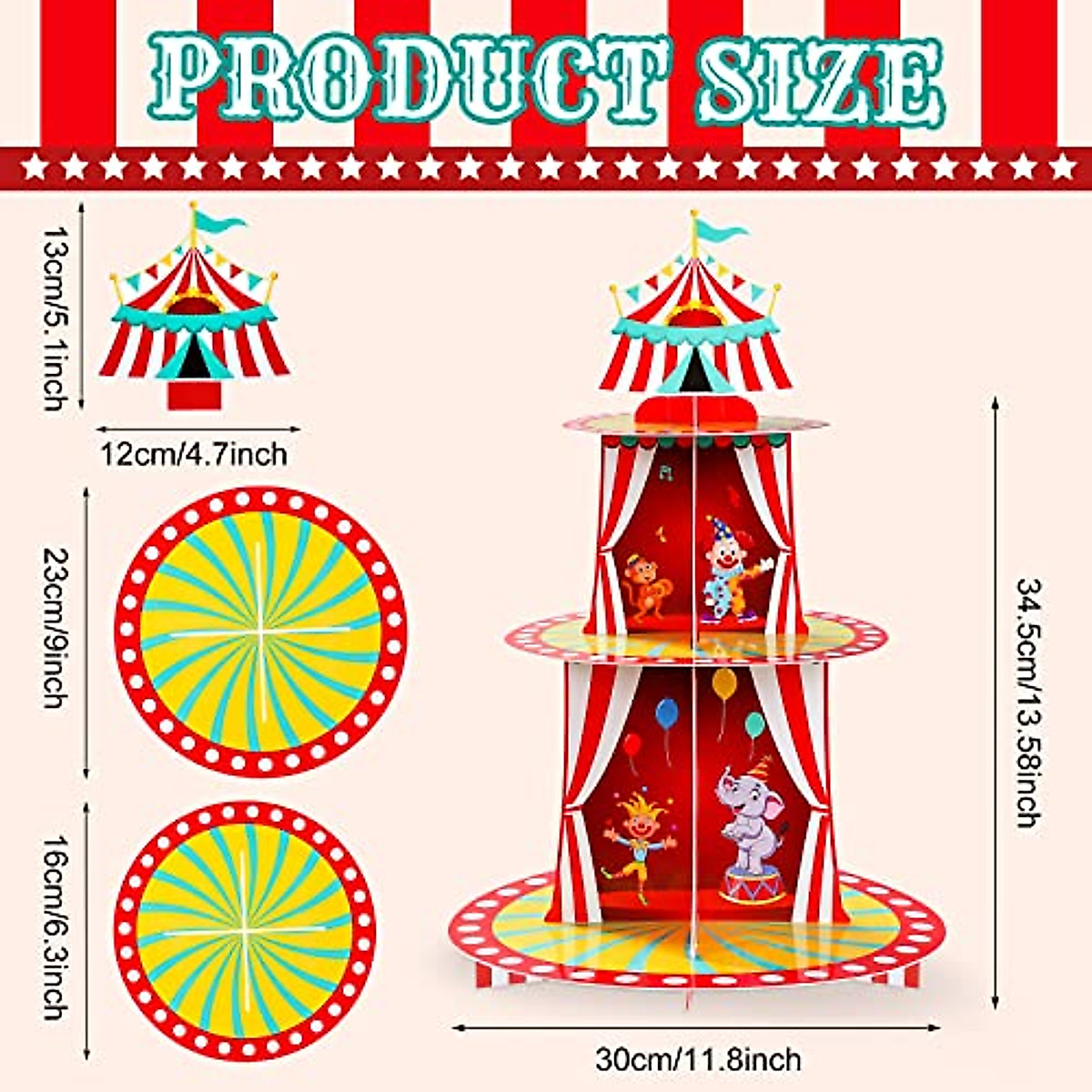 Circus Carnival Cupcake Stand, 3 Tier Cupcake Holder with Cartoon Circus Carnival Tent for Kids Birthday Celebrations Themed Party Favor Decoration