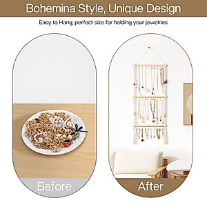 UREYMX Hanging Jewelry Organizer Macrame Necklace Holder, with 30 Hooks, Over Door Necklace Rack, Wall Mounted Jewelry Hanger with Tassel Boho for Necklace Headband Bow Earring Bracelet