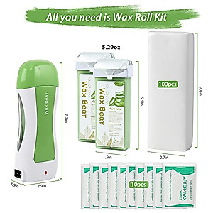 Wax Bear Roll On Wax Warmer Kit,Depilatory Wax Roller Kit for Hair Removal, Soft Wax Heater with 2 Cartridge Refill,10 Wipes and 100 pcs Wax Strips