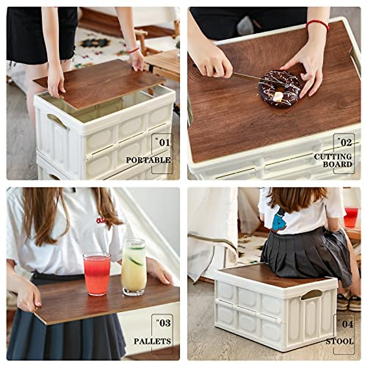 submatches 56 Quart Plastic Storage Tote, Collapsible Storage Bin with Wooden Lid, Tough Plastic Storage Container with Waterproof Bag, Foldable&Stackable Storage Crate for Car, Toys, Camping, Picnic