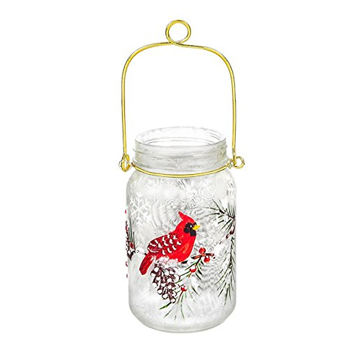 Cypress Home Beautiful Christmas Cardinal and Pine Cones Hand Painted Glass LED Mason Jar Table Décor - 4 x 3 x 6 Inches Indoor/Outdoor Decoration for Homes, Yards and Gardens