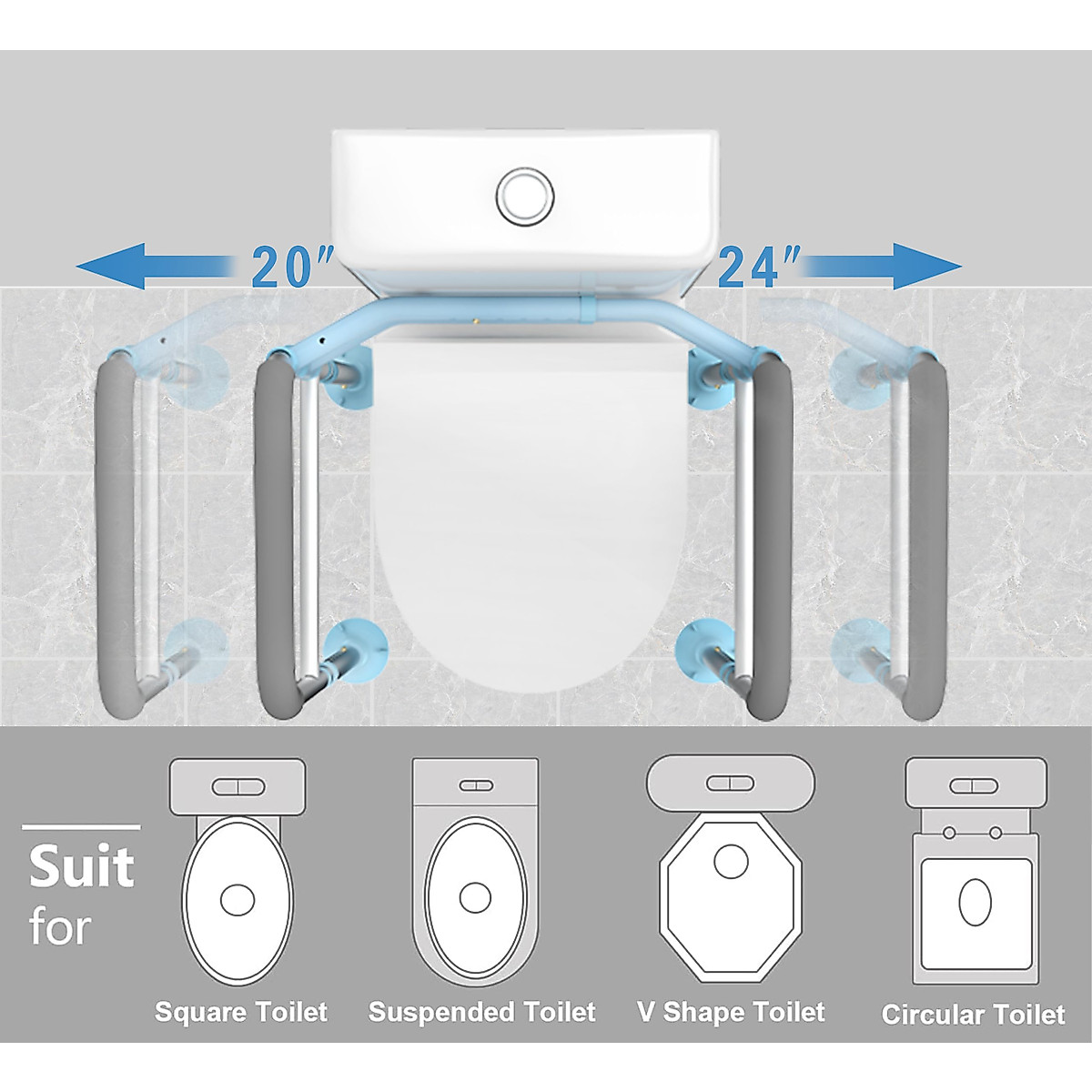 Delog Stand Alone Toilet Safety Rail - Adjustable Width & Height Fit Any Toilet, Medical Toilet Frame for Elderly Handicap Disabled, Folding Handrails