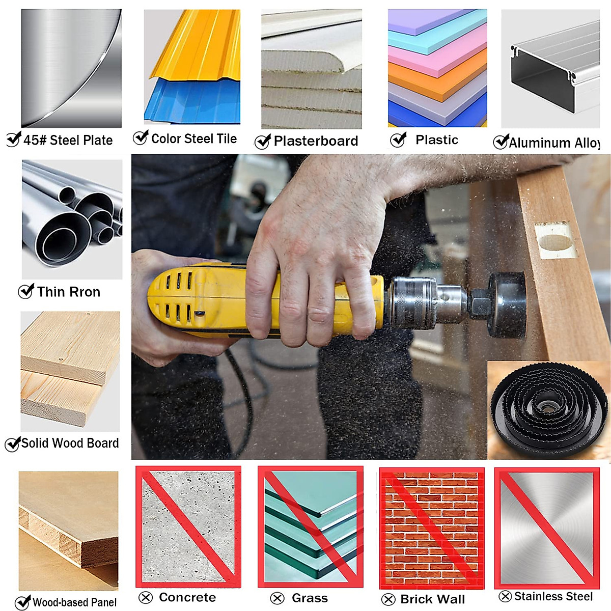 Hole Saw Kit, 6-Piece Set. Specially Constructed Heat Treated Carbon Steel, Metal Hole Saw Kit Mandrels, Ideal for Soft Wood, PVC Board，Wood, Plastic, Drywall