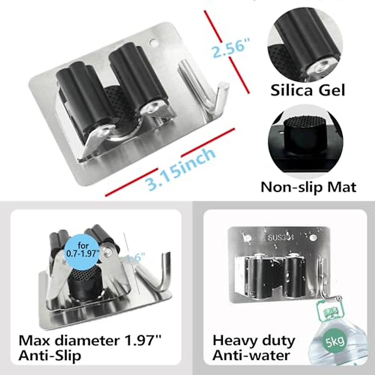 HAOYOWJY Mop and Broom Holder Wall Mount Stainless Steel 304 Tool Garage Organization Rack Screw and Self Adhesive Broom Hanger Heavy Duty 4pcs (4pcs，sliver)