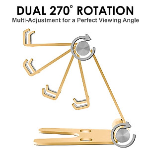 Pokanic Cell Phone Tablet Fully Foldable Stand Dock Holder Cradle Mount Organizer Charger Station Table Desk Bed Office School Kitchen Travel Portable Adjustable Multi-Angle Aluminum (Gold)