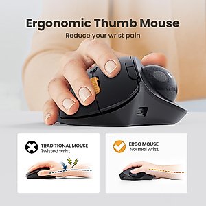 ProtoArc Wireless Trackball Mouse, Bluetooth Mouse Rechargeable Computer Laptop Mouse, 3 Device Connection&, Compatible for PC, iPad, Mac, Windows-Black