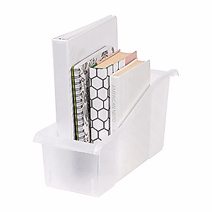 IRIS USA 15" x 6" Plastic Connecting Book and Paper Storage Container Bin, 8-Pack, Vertical Standing Plastic Book Binder Notebook File Craft Organizer Box for Classroom Kids Room Office, Clear