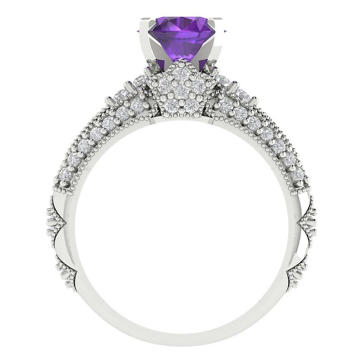 Clara Pucci 2.04ct Round cut Laser Engraving Pave Solitaire Natural Amethyst Engagement Anniversary Ring band set 14k White Gold Size 9