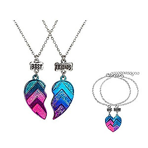 Caiyao 4 Pcs/Set BFF Necklaces and Bracelets Best Friends Half Heart Pendant Chain Necklaces Half Heart Friendship Jewelry Set 2 Friends Sisters Girls Birthday Gift for Women Girls-4Pcs/Set