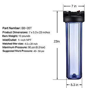 Geekpure 20 Inch Whole House Water Filter Housing Fit for 4.5 x20 Inch Filters - Clear-1" NPT Brass Port (1)