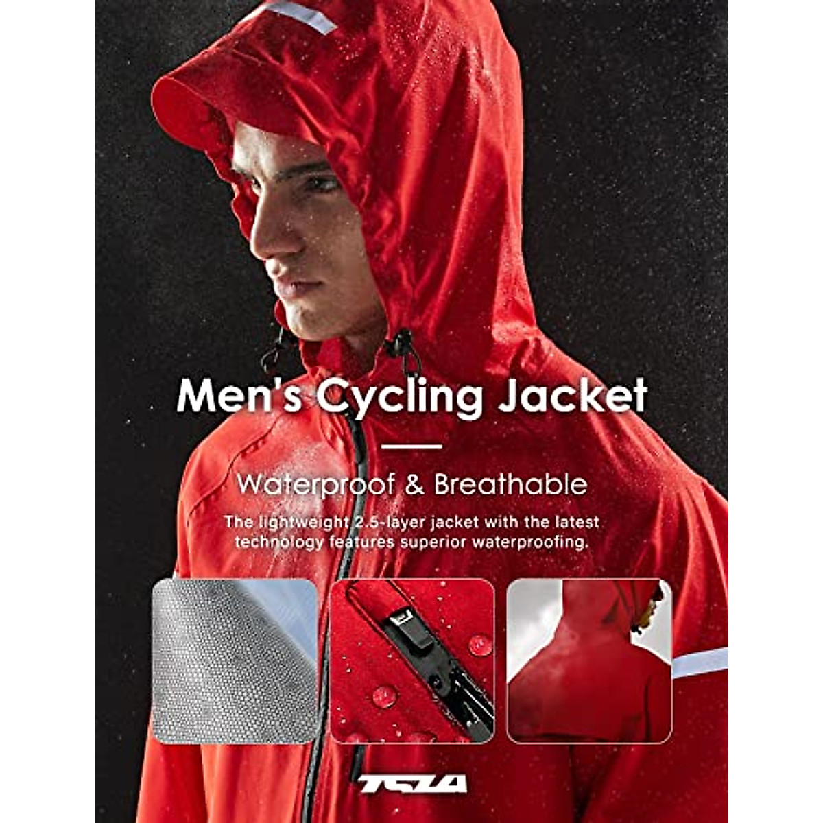 TSLA Men's Cycling Waterproof Jacket, Reflective Hoodie Windbreaker, Packable Bike Rain Jackets with Back Pocket, Cycling Red, Large