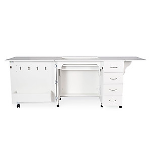 Arrow Classic Sewing Furniture Harriet Full-Size Sewing Cabinet with Hydraulic Machine Lift, Drawers, Expandable Leaves, Locking Wheels - Ash White