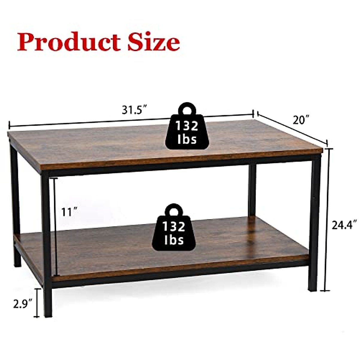 SENIG Coffee Table, Small Coffee Table for Living Room, Coffee Tables with Storage Shelf，Brown Coffee Tables for Small Spaces, Rectangle Wood Table Metal Side End Table, Center Table for Living Room