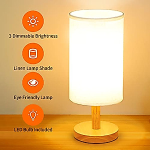 ALOTUS Table Lamp for Bedroom - 12W Bedside Lamps for Nightstand, Solid Wood Night Stand Light Lamp with Round Flaxen Fabric Shade for Living Room, Dorm, Home Office (LED Bulb Included)