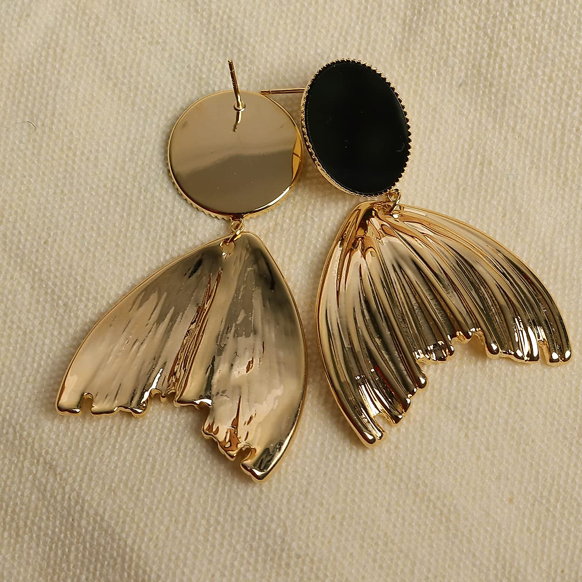 Sonateomber Gold Mermaid Fishtail Drop Dangle Statement Earrings For Women Big Black Dome Fish Tail Ginkgo Leaf Dangly Summer Ocean Beach Prom Jewelry Gift