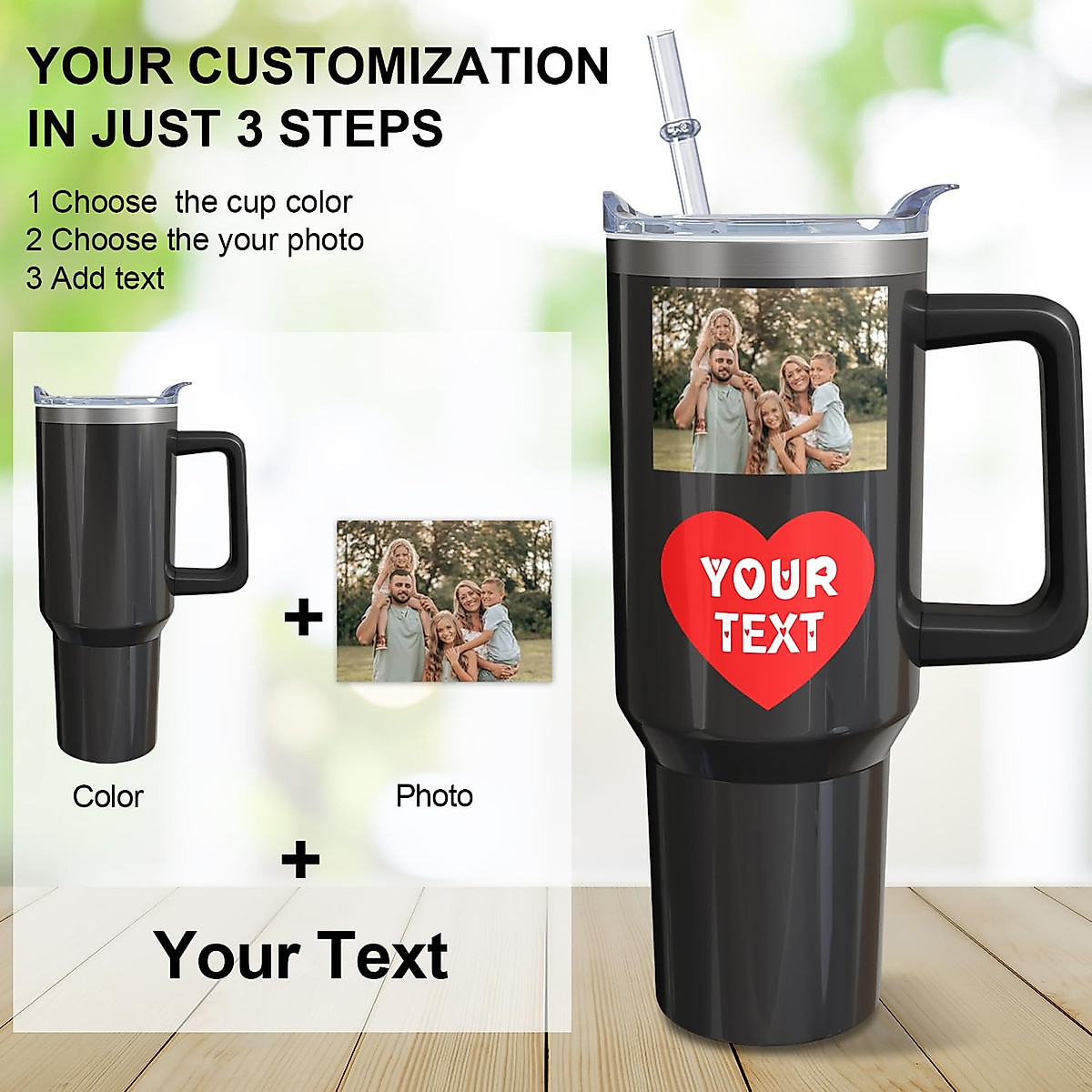 Personalized Gifts 40 Oz Tumbler with Handle and Straw, Custom Tumbler with Add Name, Photo, or Logo, Stainless Steel Double Walled Vacuum Insulated Cup, Customized Photo Gifts for Women Men