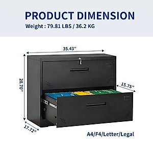 GREATMEET 2 Drawer Lateral File Cabinet with Lock,Heavy Duty Metal Lateral File Cabinet,35.43''L * 17.72''D * 28.70''H, for Legal Letter Files,Disassemble,Black (2 Drawers)