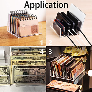 Halyuhn Acrylic Desk Organizer for Sorting Mail, Business Card 2 Pack, 5 Slot Mail Organizer Countertop, Clear Bill Money Divider for Cash Envelope, Acrylic Cell Phone Divider Holder for Charging