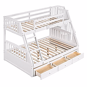 BIADNBZ Twin-Over-Full Bunk Bed with 3 Drawers, Storage Staircase and Ladder, Convertible 2 in 1 Wood Bedframe for Bedroom, Dorm, for Teens, Adults, White