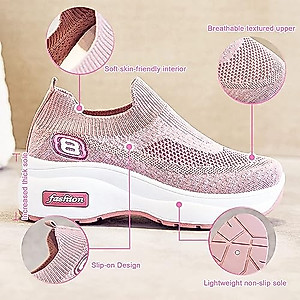 YTINGNICE Platform Fashion Sneakers for Women, Breathable Knit Mesh Walking Slip-on Sneakers Shoes (Black,US 5)