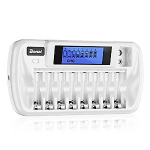 BONAI 8+1 Bay AA AAA Battery Charger with LCD Display for AA AAA NiMH NiCd & 9V Rechargeable Batteries Independent Control and Standard American AC Charging Plug