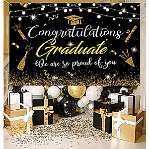 2023 Graduation Party Supplies Graduation Banner Black and Gold Large 71” x 45” Backdrop with Congrats Grad Graduation Decorations Indoor Outdoor