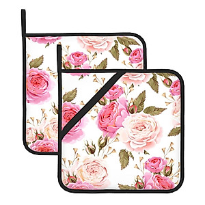 Floral Flower Rose Pink Print Pot Holders Sets,Kitchen Oven Glove High Heat Resistant 500 Degree Oven Mitts and Pot Holder,Surface Safe for Baking, Cooking, BBQ,Pack of 2