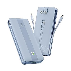 VRURC Portable Charger, 22.5W Fast Charging Power Bank with Built-in Cables & AC Wall Plug, 10000mAh Battery Pack(QC4.0 PD3.0), USB C with 4 Output 2 Input, Compatible with iPhone Samsung etc - Blue