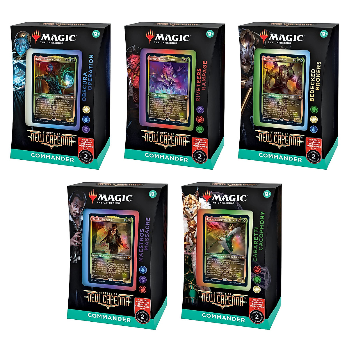 Magic: The Gathering Streets of New Capenna 5 Commander Deck Bundle – Includes 1 Obscura Operation, 1 Maestros Massacre, 1 Riveteers Rampage, 1 Cabaretti Cacophony, 1 Bedecked Brokers