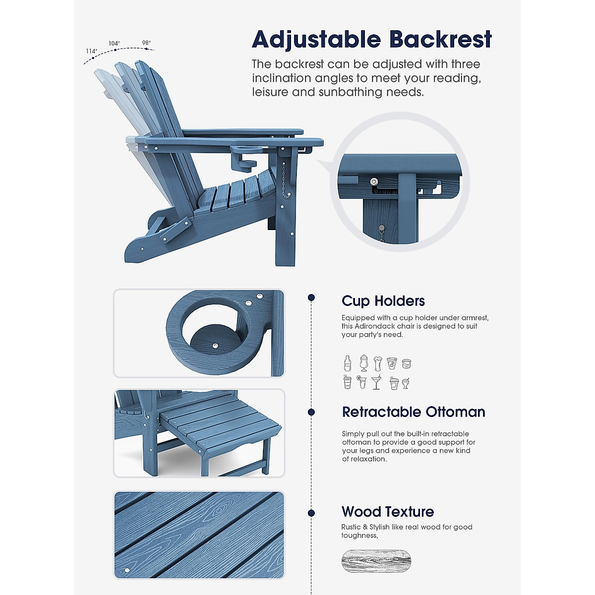 KINGYES Chair with Cup Holder, Wood-Like Reclining Versatile Adirondack Chair, Blue