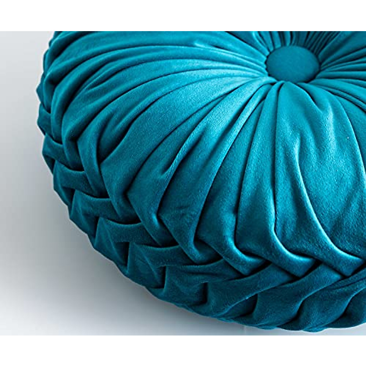 Cassiel Home Summer Home Pleated Velvet Round Throw Pillow Turqoise Summer Pintuck Decorative Pillow for Couch Sofa Bed Armchair Lounge Garden Patio Bench or Bedroom Floor Cushion 14.5 inches