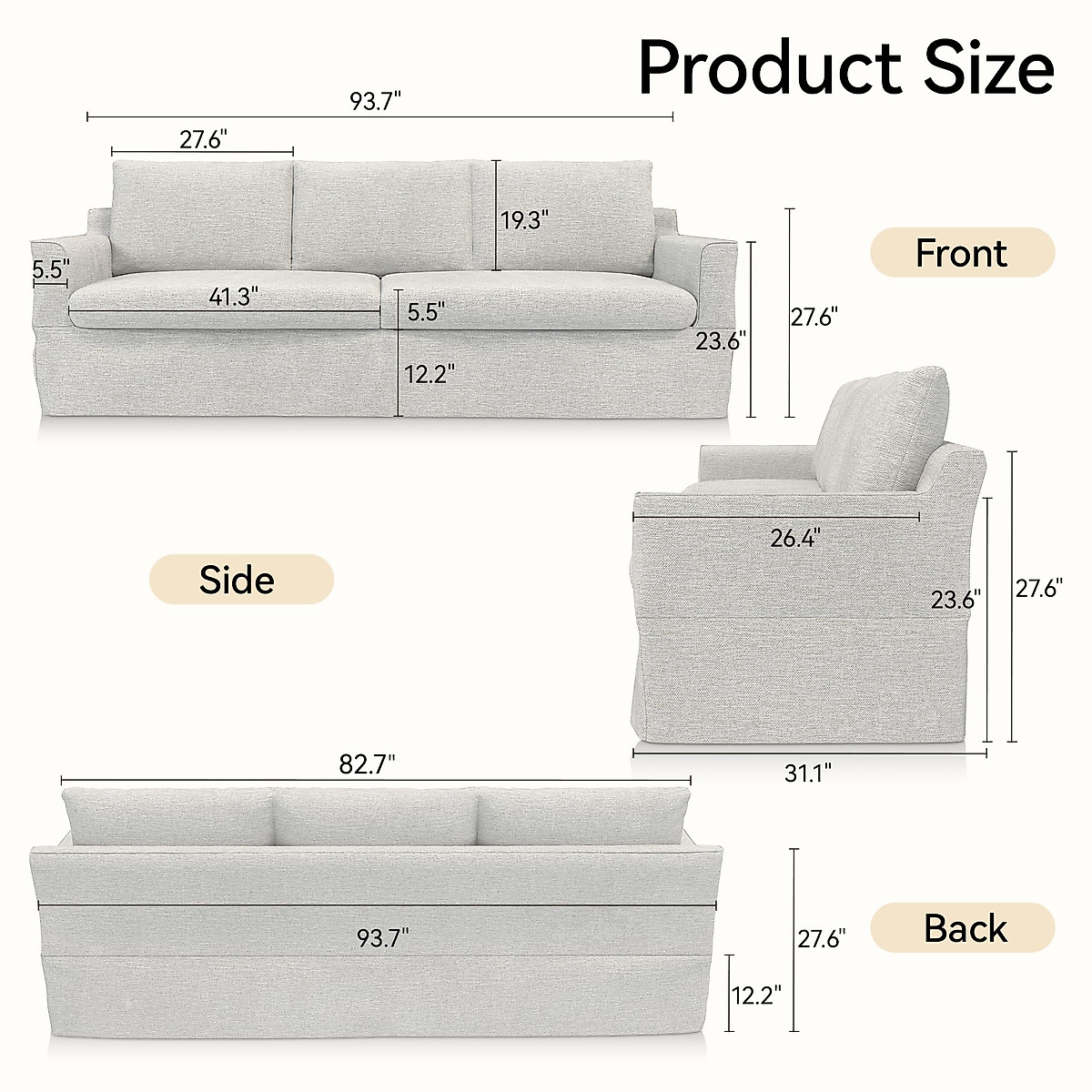 AMICLIBER 93 Inch Slipcovered Sofa,Comfy 3-Seater Sofa Couch with Extra Deep Seats,Modern Upholstered Loveseat with Wide Armrest,Removable Chenille Cover,Couch for Living Room,Office,Apartment,Beige