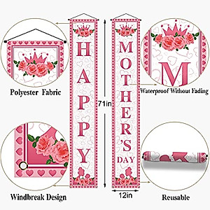 Vohado Happy Mother's Day Porch Banner Mothers Day Welcome Porch Sign Pink Heart Wall Hanging Banner Spring Gathering Party Porch Sign Front Door Holiday Party Decor