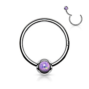 10mm Opal Set Ball Surgical Steel Hinge Hoop Segment Ring Nose Septum Ear Cartilage 16G - Steel/Opal Purple