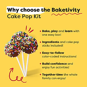 Baketivity Cake Pop Sticks Kids Baking Kit | Cake Pop Kit for Kids | DIY Beginner Cake Pop Supplies, Premeasured Ingredients Cake Pop Maker | Cake Pops Decorating Kit – Kids Cake Pop Baking Kit