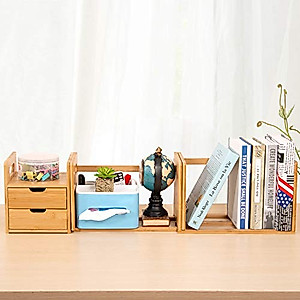 Ollieroo Natural Bamboo Desk Organizer with Extendable Storage for Office and Home, CD Holder Media Rack