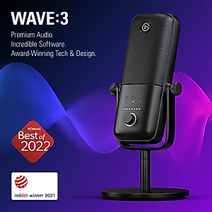 Elgato Wave:3 - Premium Studio Quality USB Condenser Microphone for Streaming, Podcast, Gaming and Home Office, Free Mixer Software, Sound Effect Plugins, Anti-Distortion, Plug ’n Play, for Mac, PC