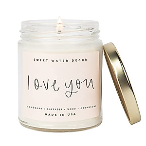 Sweet Water Decor, Love You Candle | Mahogany Teakwood Scented Soy Wax Candle for Home | Valentine's Day Gifts | 9oz Clear Jar, 40 Hour Burn Time