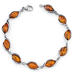 PEORA Genuine Baltic Amber Floating Marquise Twist Bracelet for Women 925 Sterling Silver, Rich Cognac Color, 7 1/2 inches Length