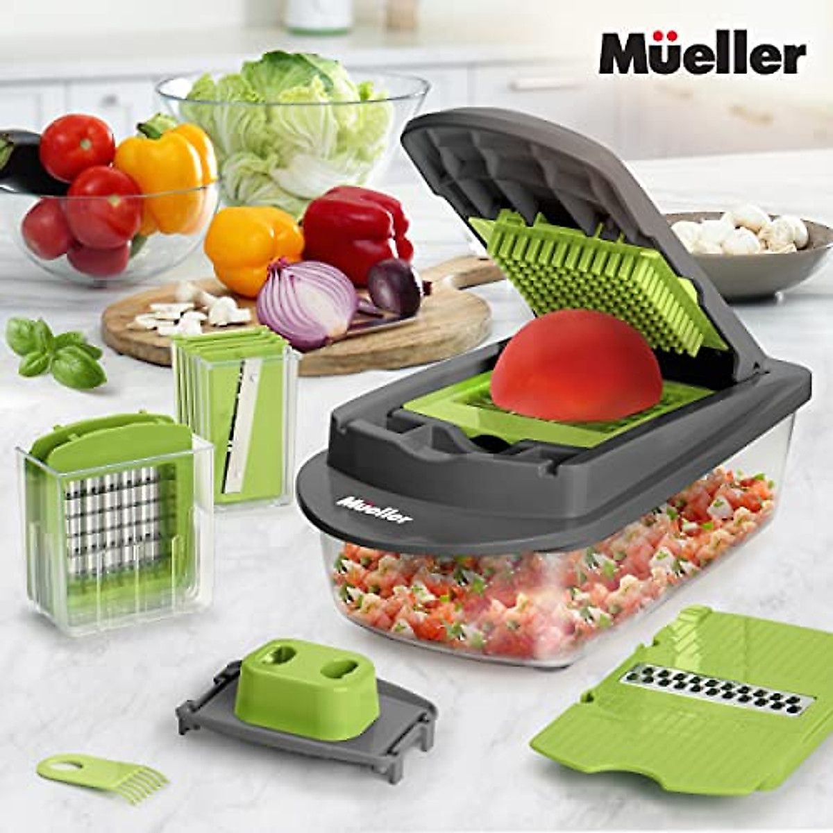 Mueller Pro-Series 10-in-1, 8 Blade Vegetable Slicer, Onion Mincer Chopper, Vegetable Chopper, Cutter, Dicer, Egg Slicer with Container