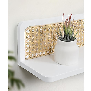 Mazjoaru Rattan Wall Shelf 16inch Set of 2, Handmade Floating Shelves Boho Wall Decor, Rustic Wood Wall Mounted Storage Shelves for Living Room Nursery Bedroom